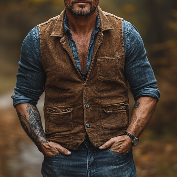 Men's Earthy Brown Vintage Country Western Multi-Pocket Corduroy ...