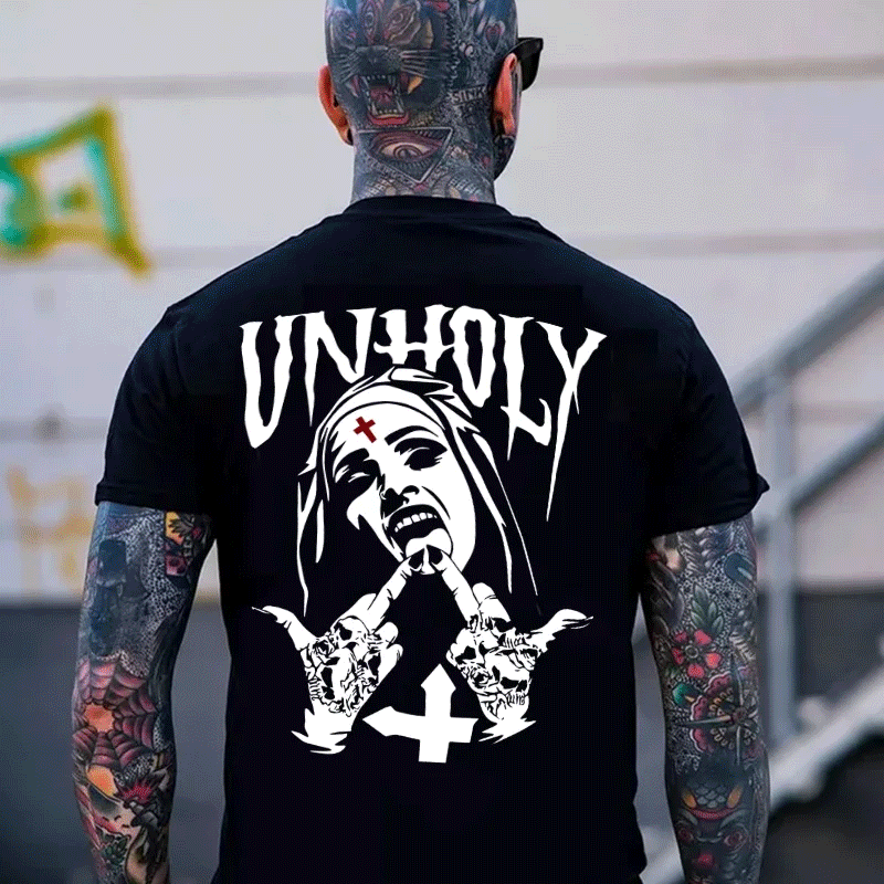 UNHOLY Nun with Crucifix on Forehead Graphic Casual Black Print T-shirt