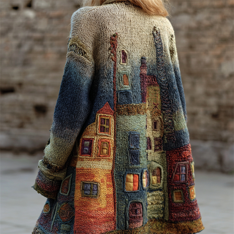 Street Buildings Colorblock Crochet Gradient Cozy Cardigan