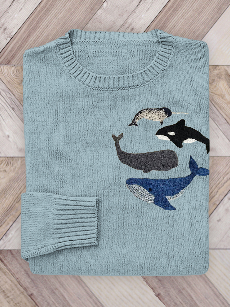 Species of Whales Embroidery Art Knit Sweater