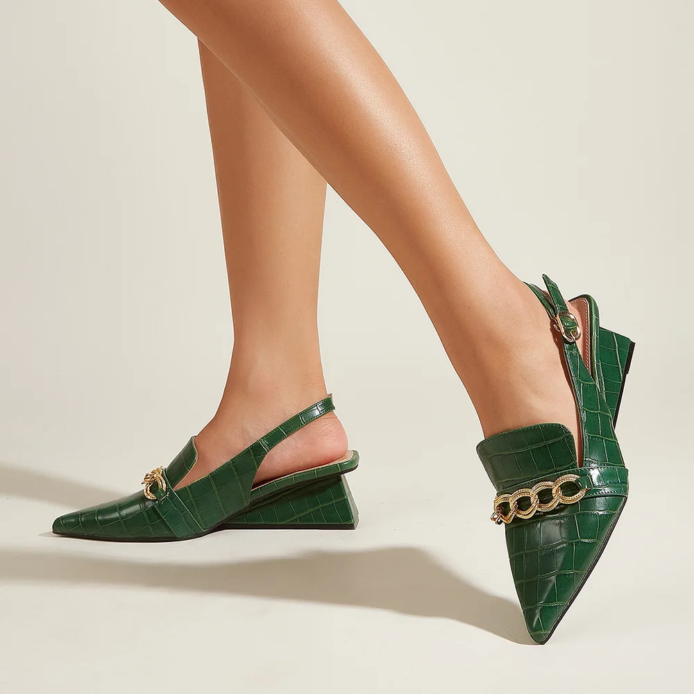 Green Snakeskin Pointed Toe Wedge Heel Slingback Pumps with Chain