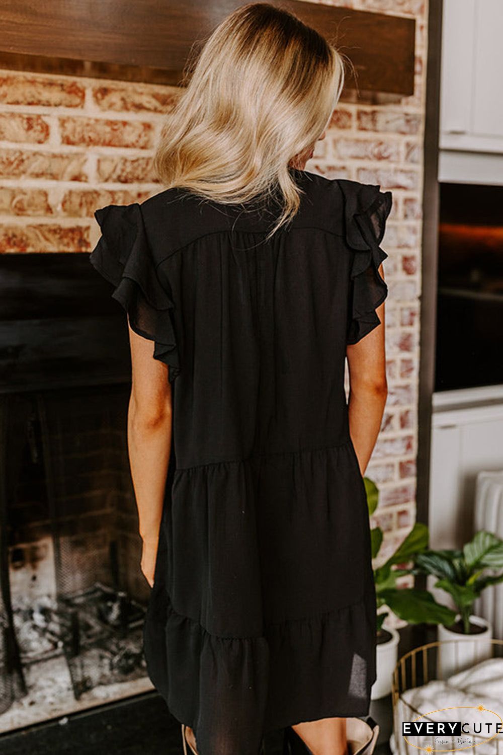 Black Floral Embroidered Tiered Ruffled Mini Dress