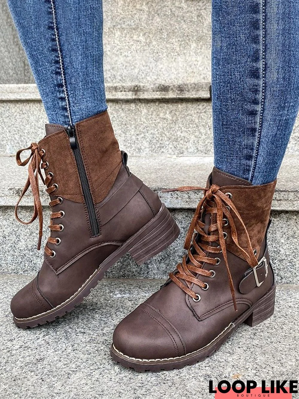 Retro Stitching Lace-up Zipper Boots