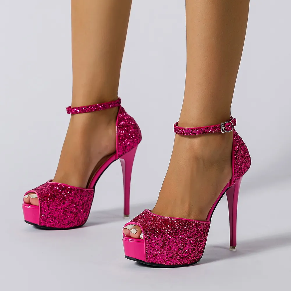 Pink Vegan Leather Peep Toe Stiletto Heel Ankle Strap Glitter Sandals