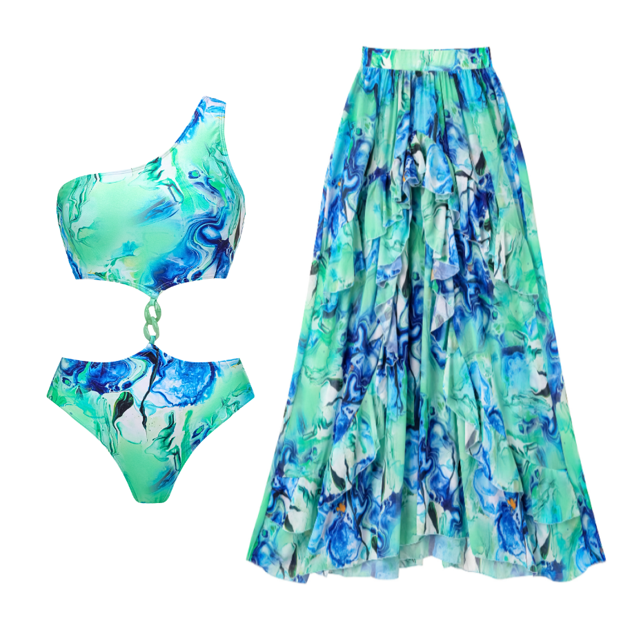 Blue Green Fantasy Floral print Acrylic Chain One Piece Swimsuit and ...
