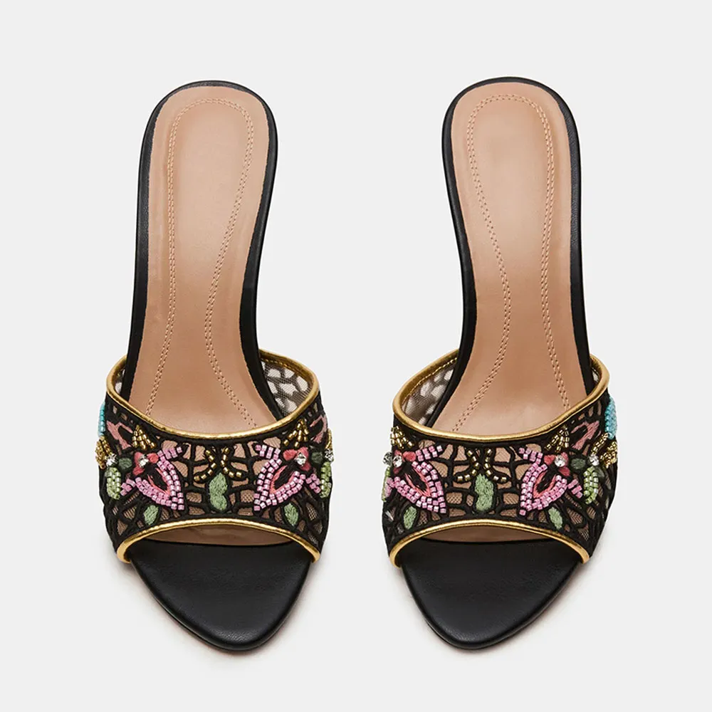 Black Open Pointed Toe Spool Heel Embroidered Mules Shoes with Beads