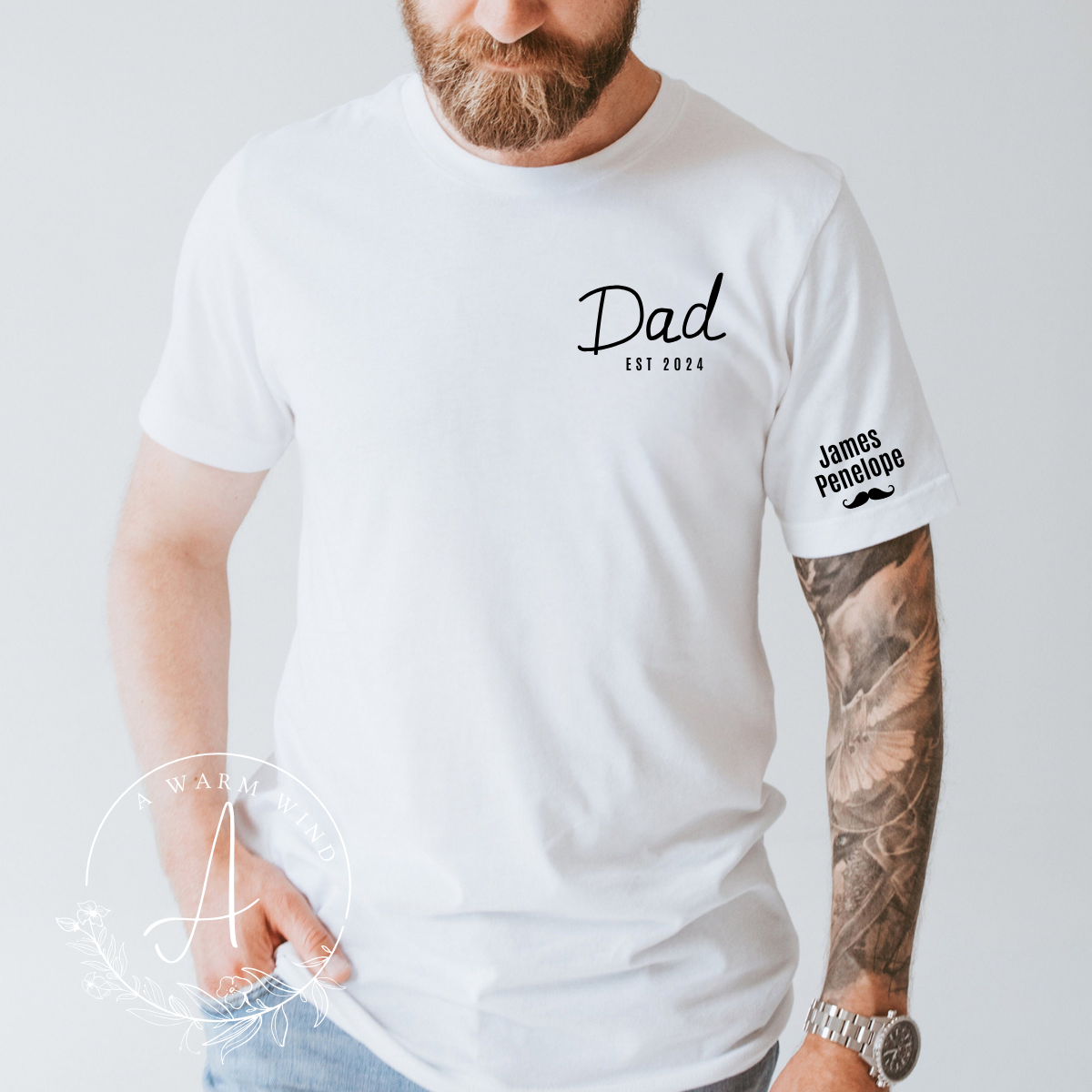 Mustache Dad-Custom Dad Shirt with Kids Names On Sleeve,Gift For Dad