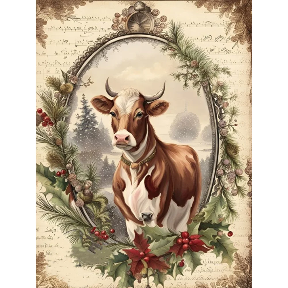 Cow In Retro Diary (canvas) full round or square drill diamond painting