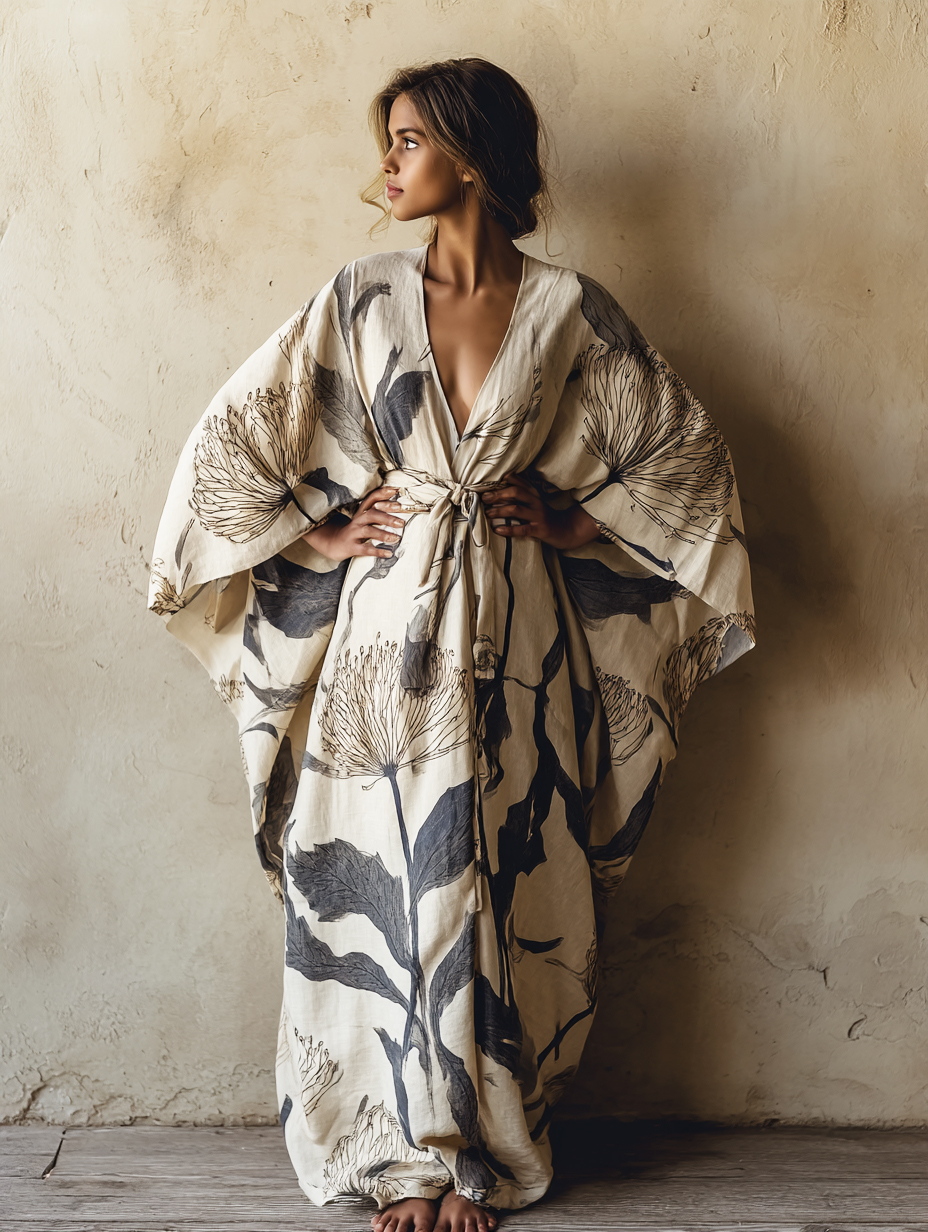 Women's Dandelion Kimono Linen Robe (Including Belt)