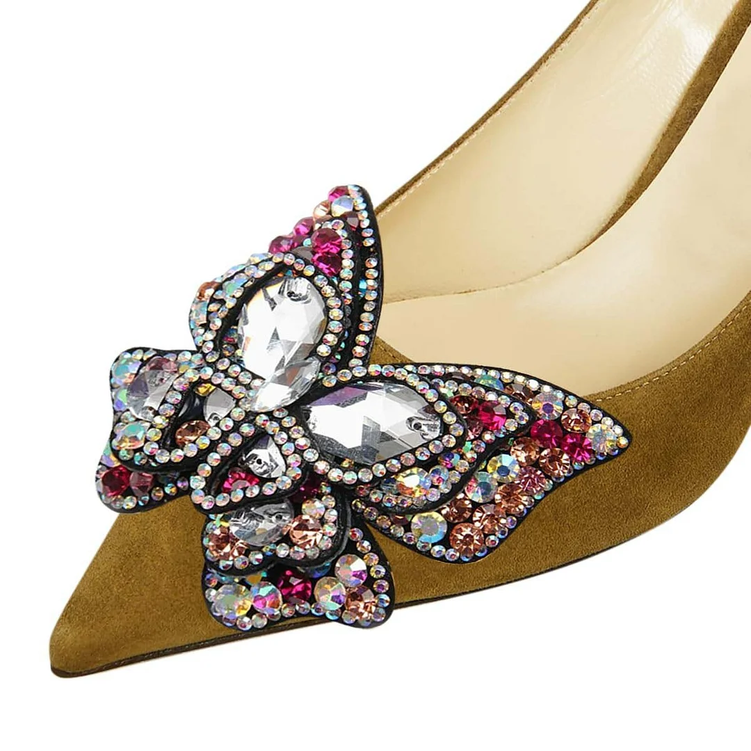 Drak Gold Pointed Toe Slip On Pumps Heels with Rhinestone Butterfly