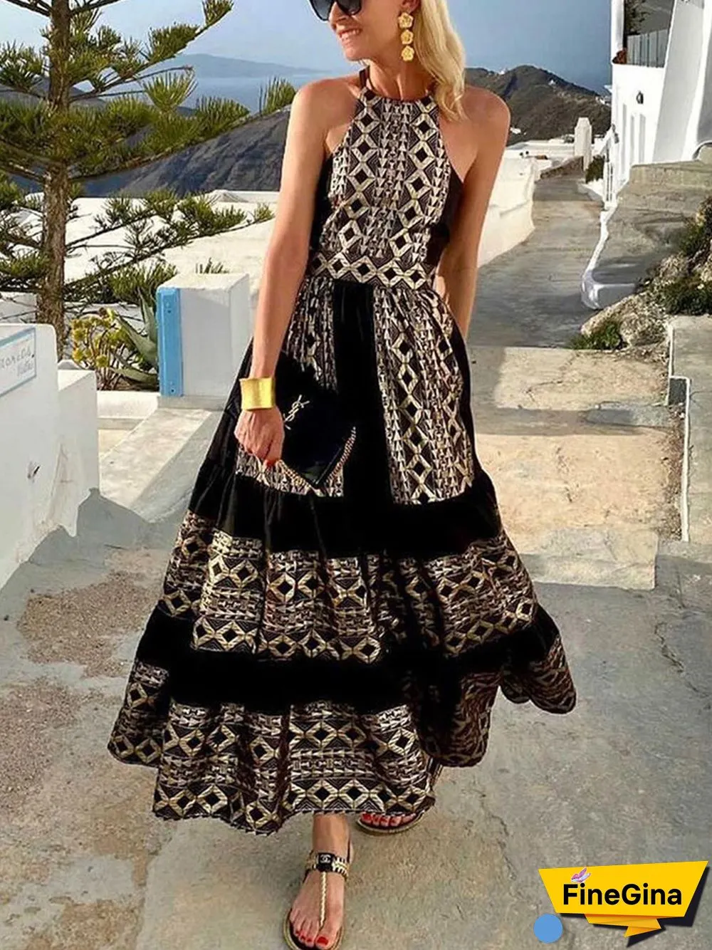 FineGina Bohemian Print Open Back Dress P10295