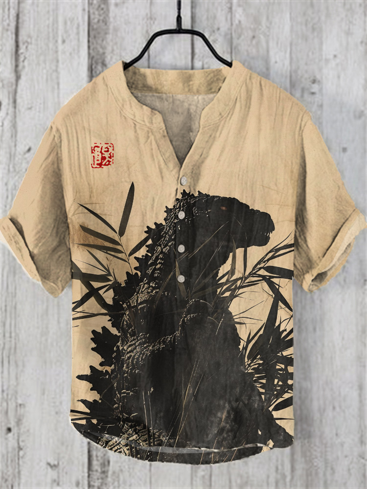 Vintage Godzilla & Bamboo Forest Japanese Art Linen Blend Shirt