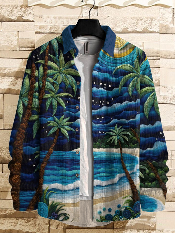 Men's Island Beach Scenery Art Print Corduroy Long Sleeve Shirt