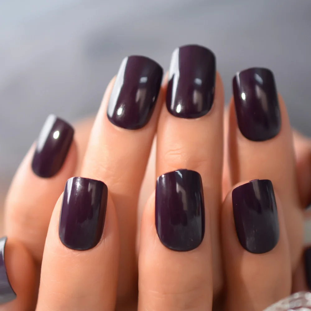 Churchf Short Fake Nails Classic Dark Purple False Nails Glossy Square ...