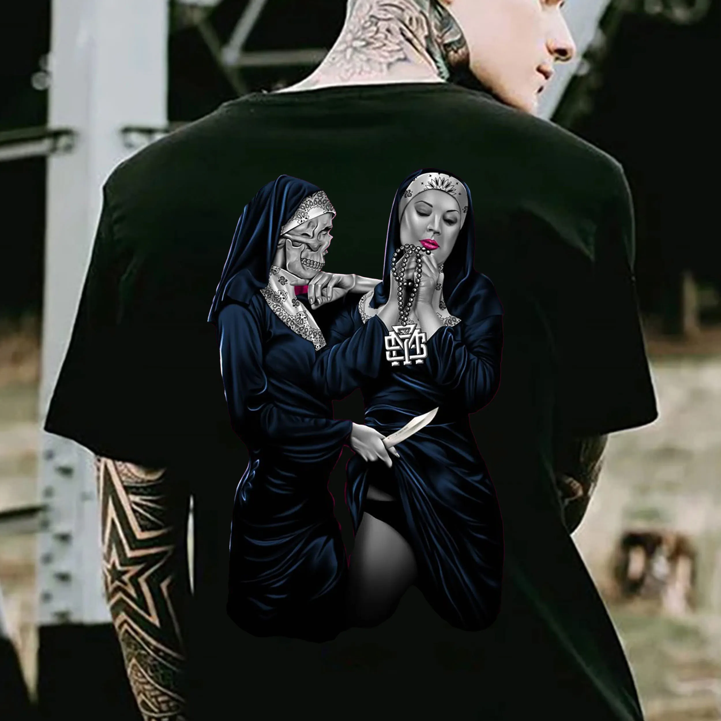 Unholy Nun with Knife Black Print T-shirt