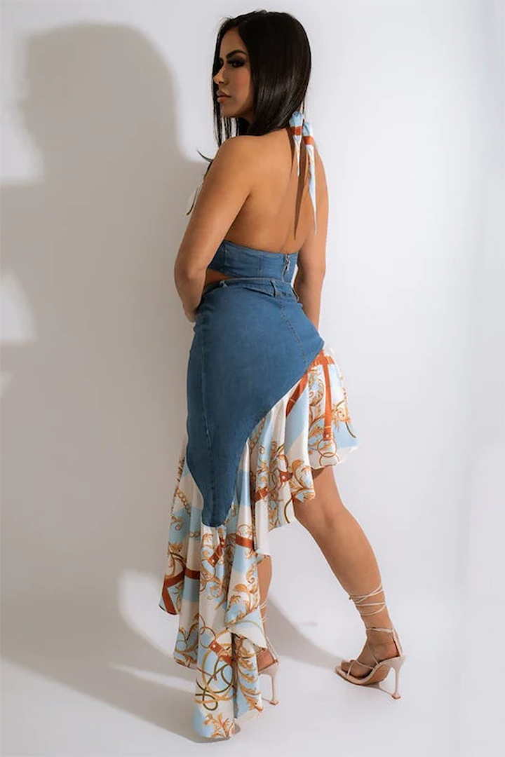 Sleeveless Cutout Patchwork Irregular Ruffle Denim Dress Set