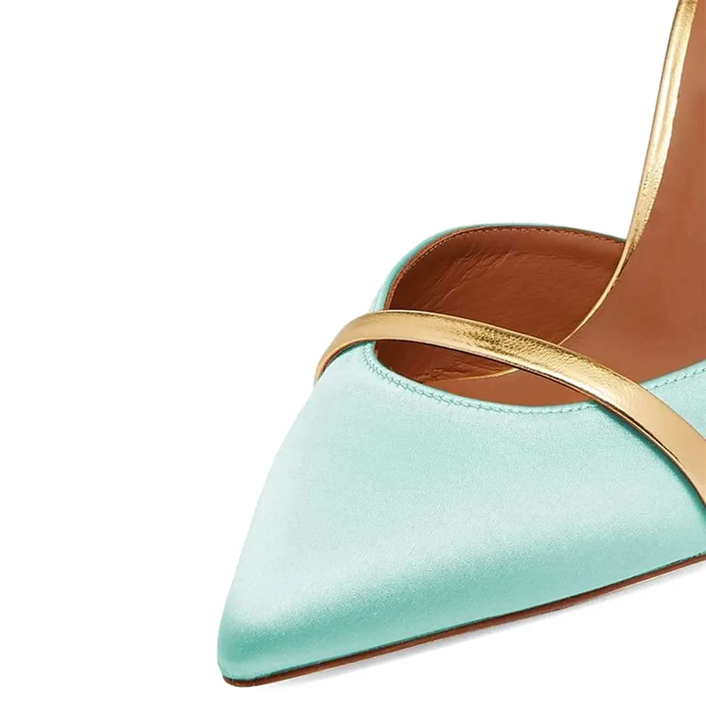 Blue & Gold Satin Closed Pointed Toe Pumps With Stiletto Heels
