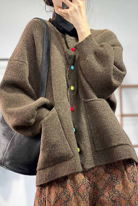 Plus Size-Fall Color Buttoned Warm Knit Cardigan