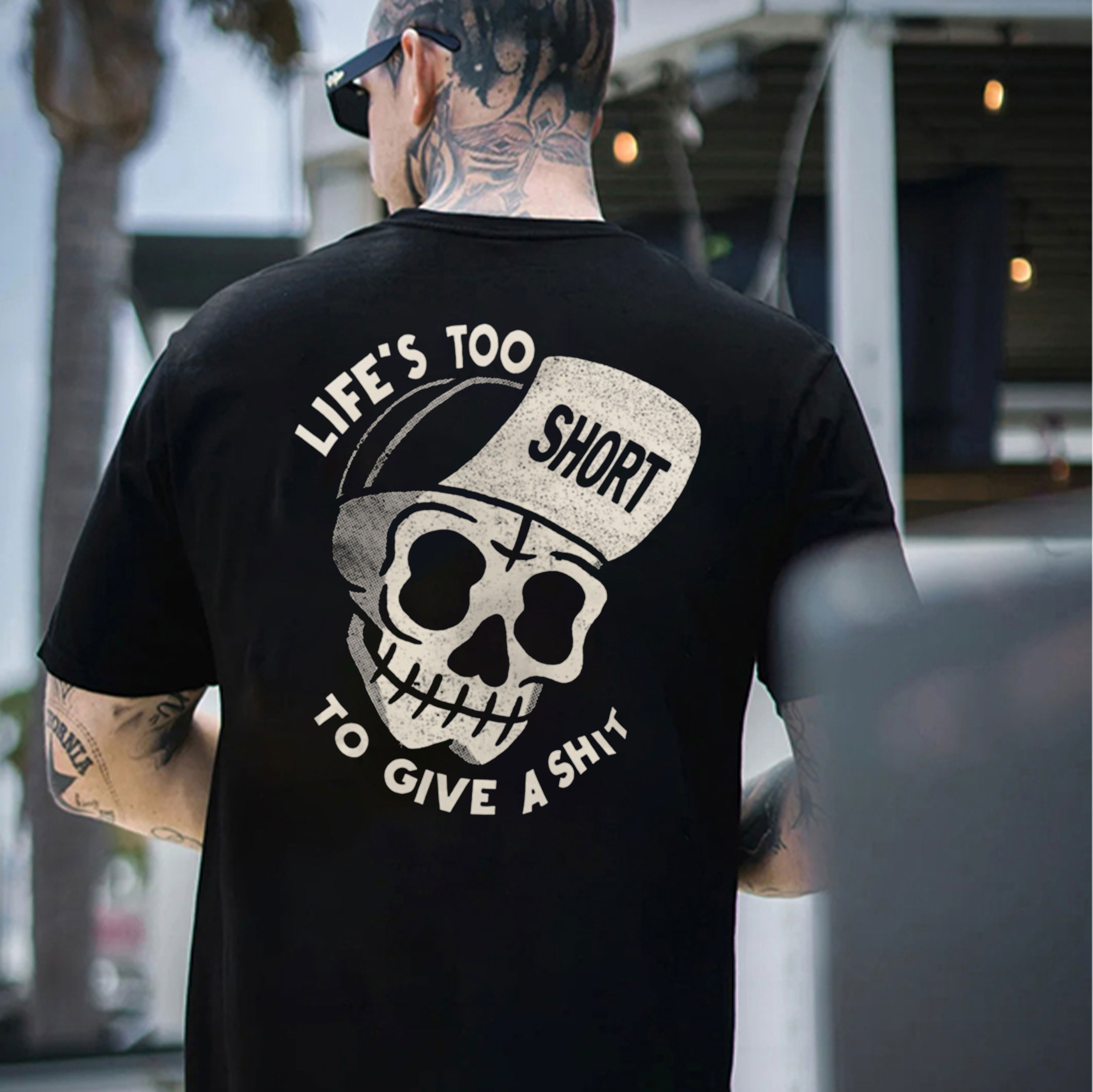 LIFE'S TOO SHORT TO GIVE A SHIT Funny Skull Black Print T-Shirt