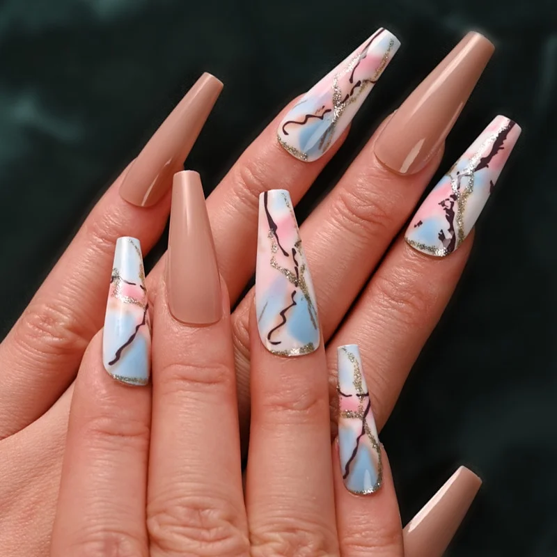 Churchf Durable Acrylic Extra Long Press On Fake Nails With Designs ...