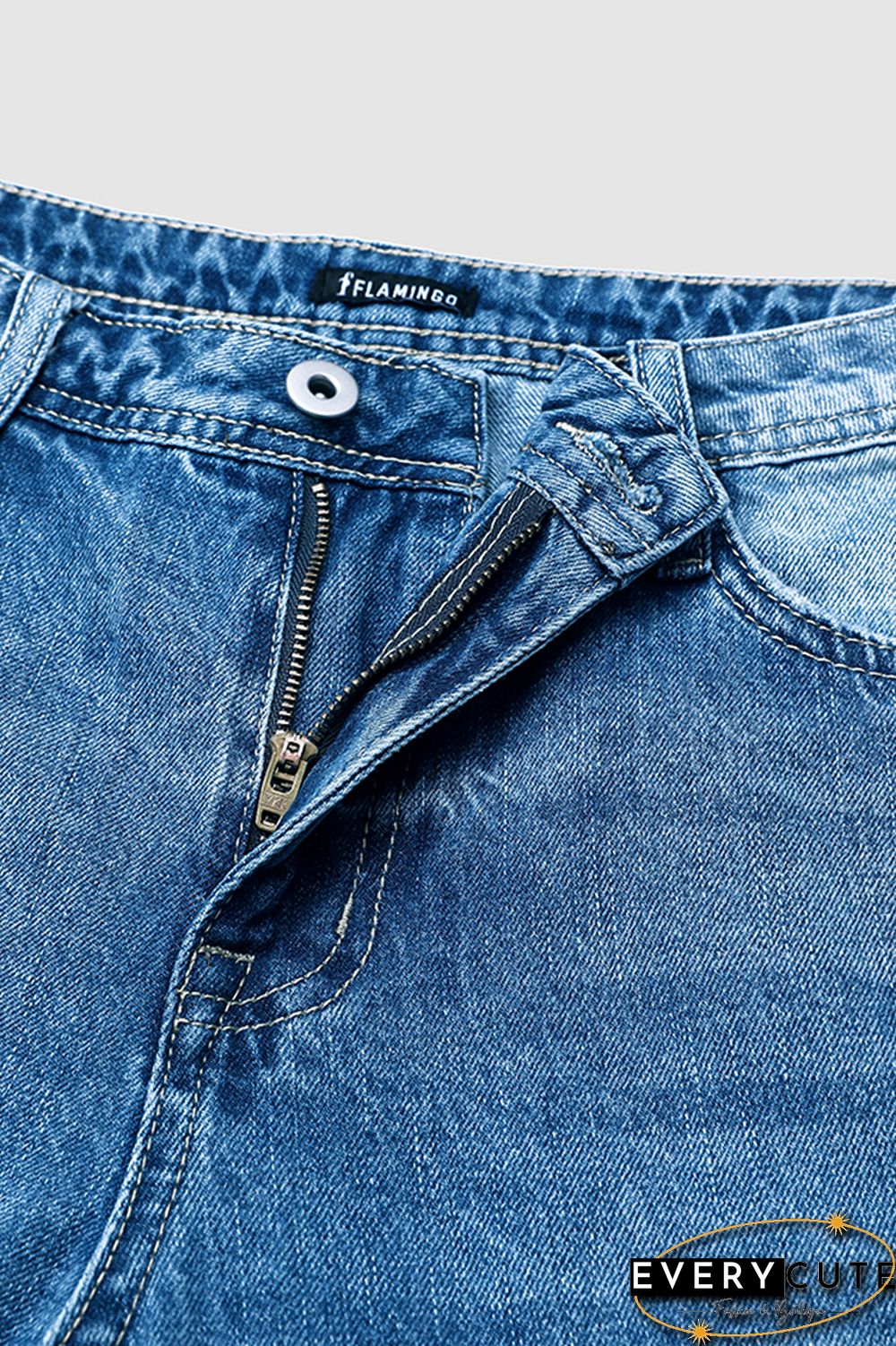 Ripped Raw Hem Zip Fly Mid Rise Straight Leg Jeans