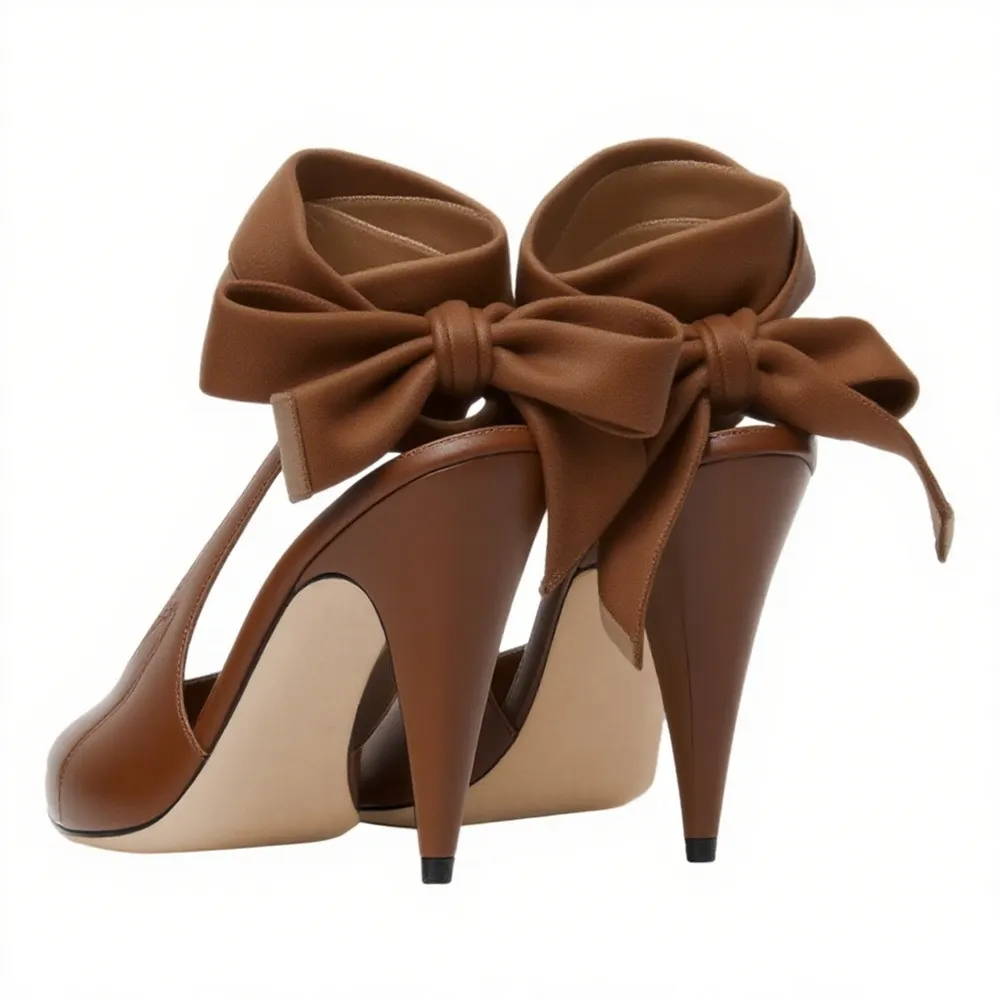 Brown Pointed Toe Cone High Heel Bow Slingback Pumps for Women
