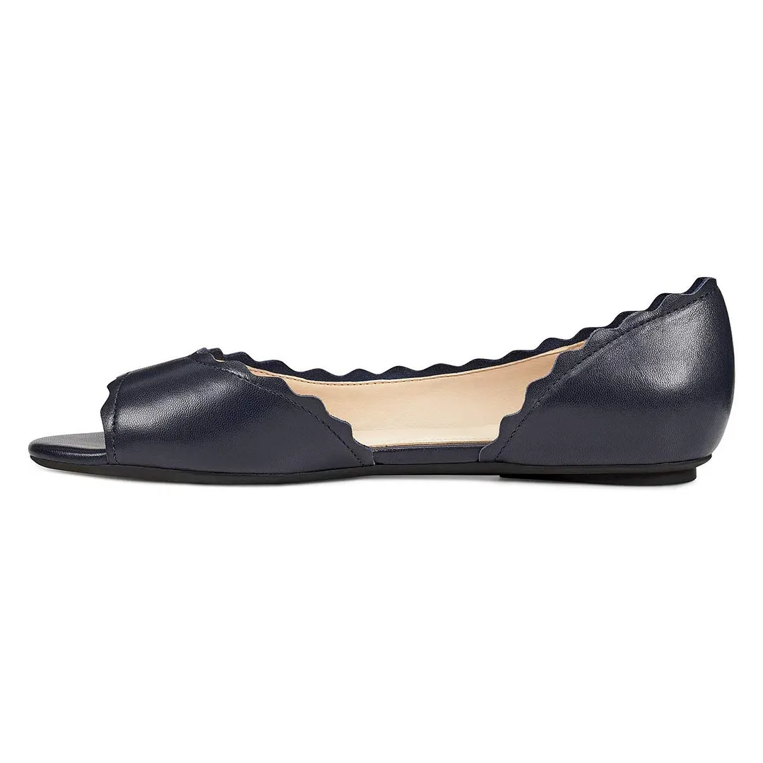 Black Leather Opened Toe Formal Flat Pumps