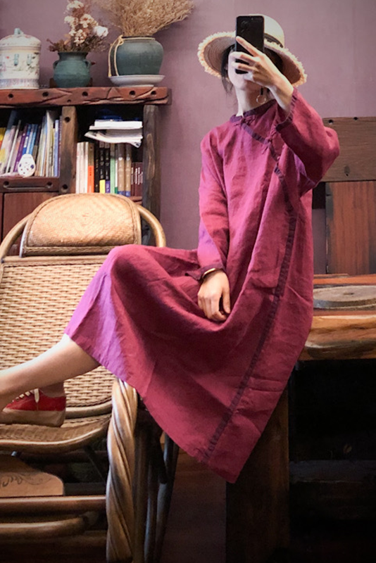 Rose Red Linen Distressed Contrasting Color Slanted Skirt Dress