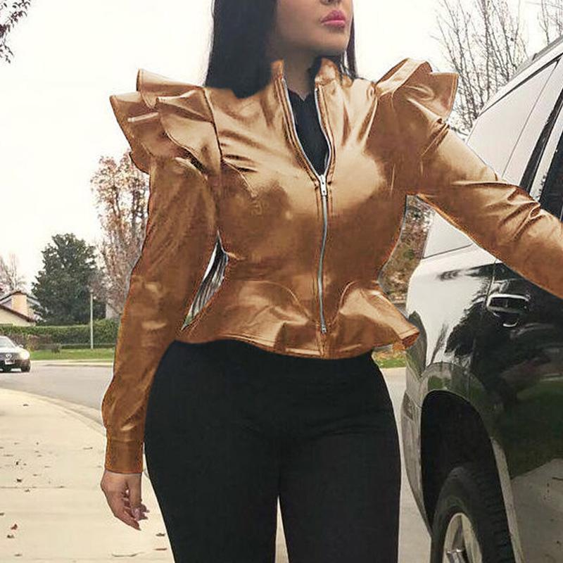 PU Leather Long Ruffle Sleeve Zipper Design Coat Jacket