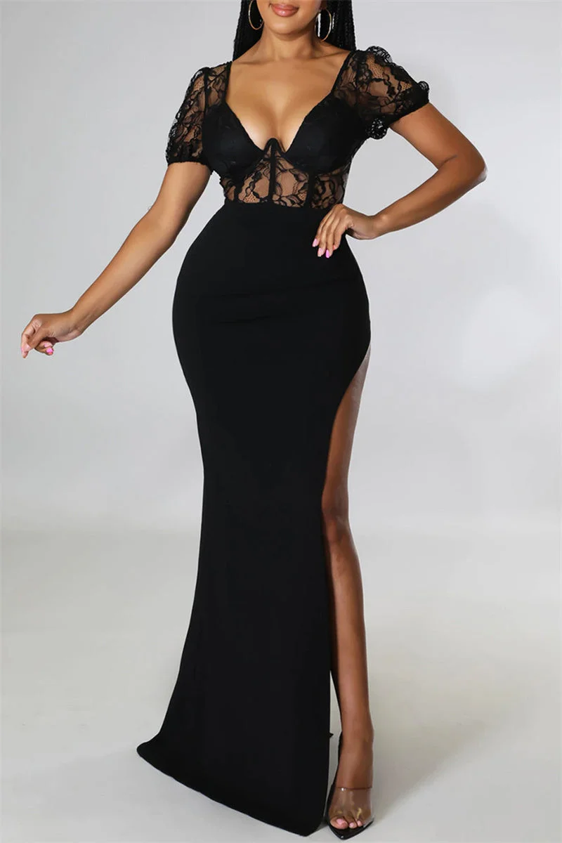 Sexy Solid Split Joint See-through Backless Slit V Neck Evening Dress