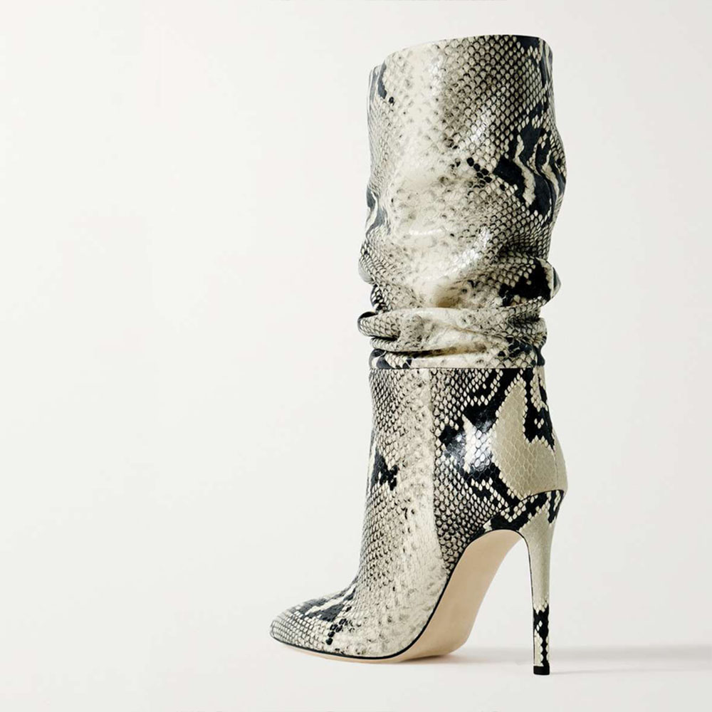 Women's Python Print Pointed Toe Slouch Boots with Stiletto Heels