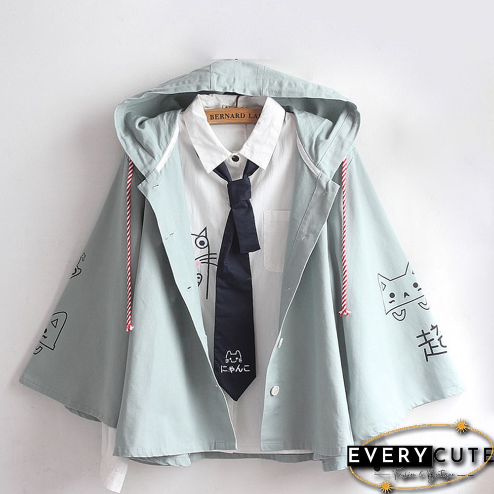 Japanese Kitty Print Cape Hooded Outerwear