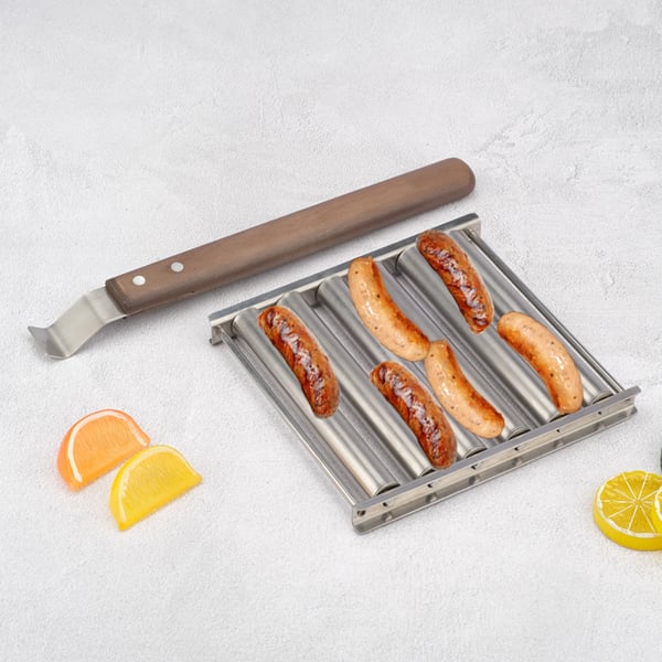 Stainless Steel BBQ Hot Dog Rack with Wooden Handle
