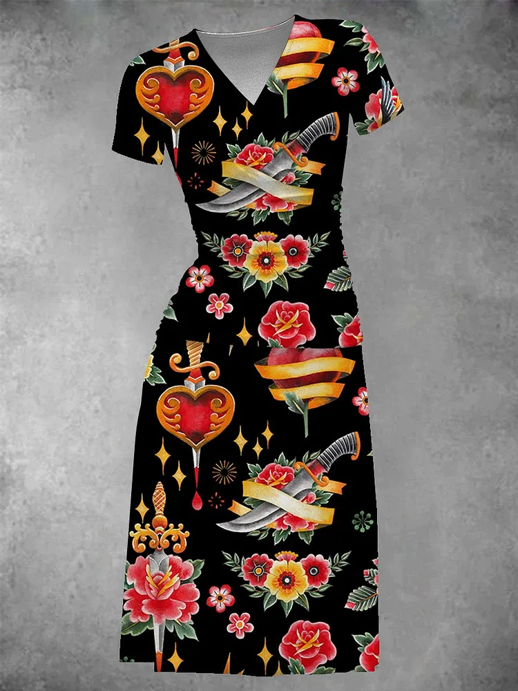 Women's Vintage Rose Tattoo Midi Dress