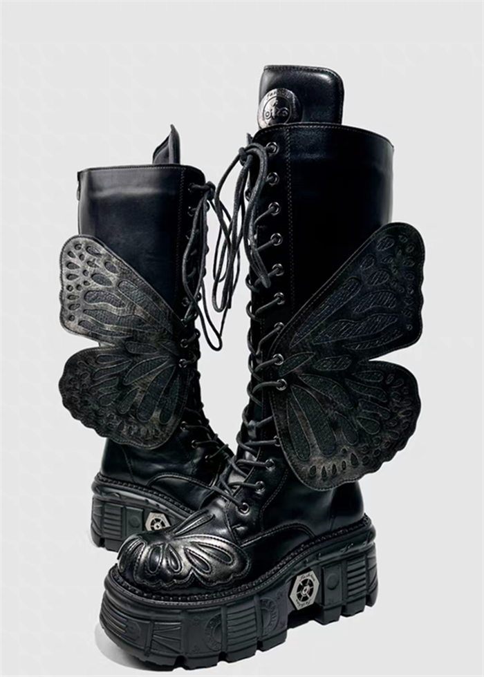 Alt Street Punk Y2K Big Butterfly Wings Round Toe High Heel Platform ...