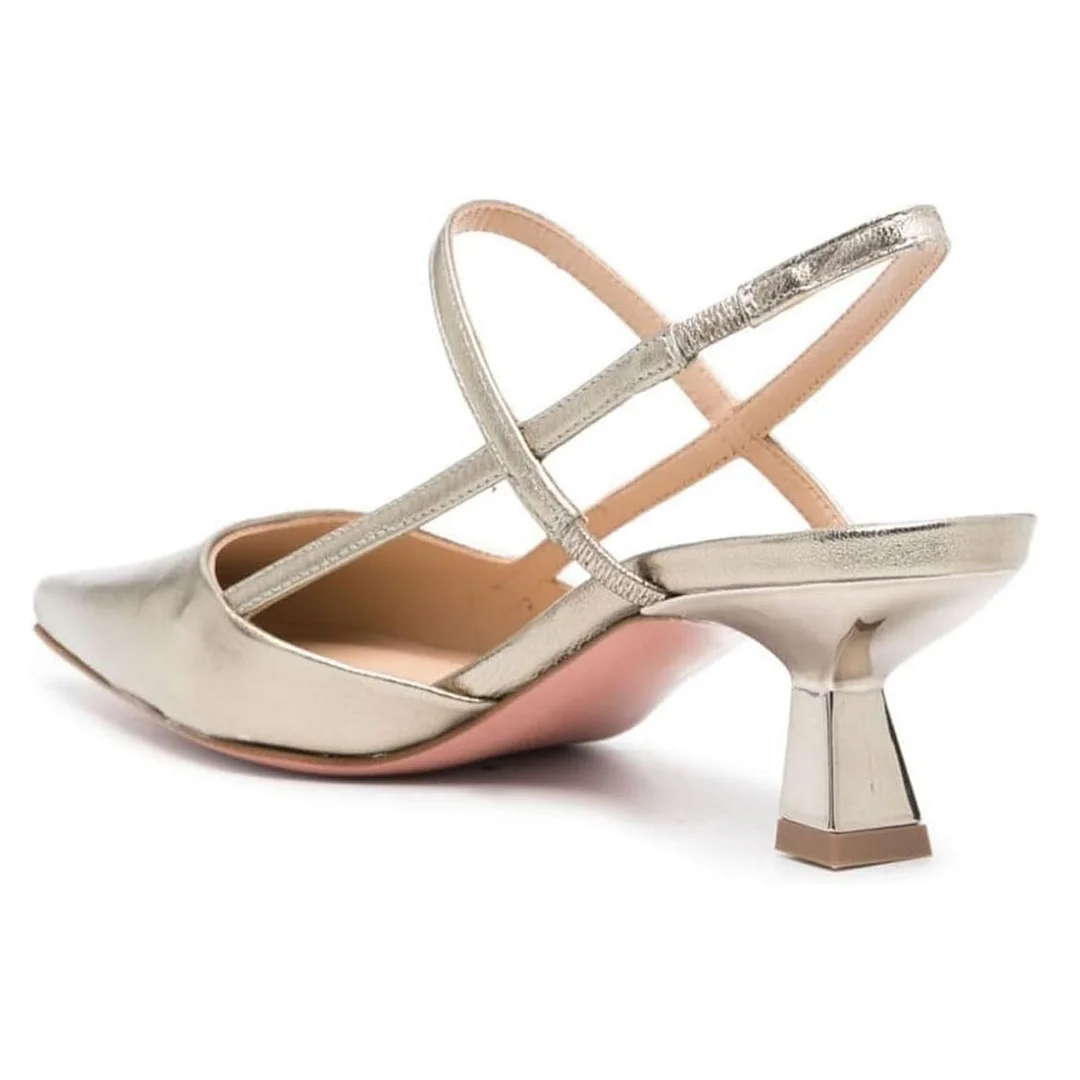 Champagne Slip-On Pointed Toe Flared Heel Strap Slingback Pumps