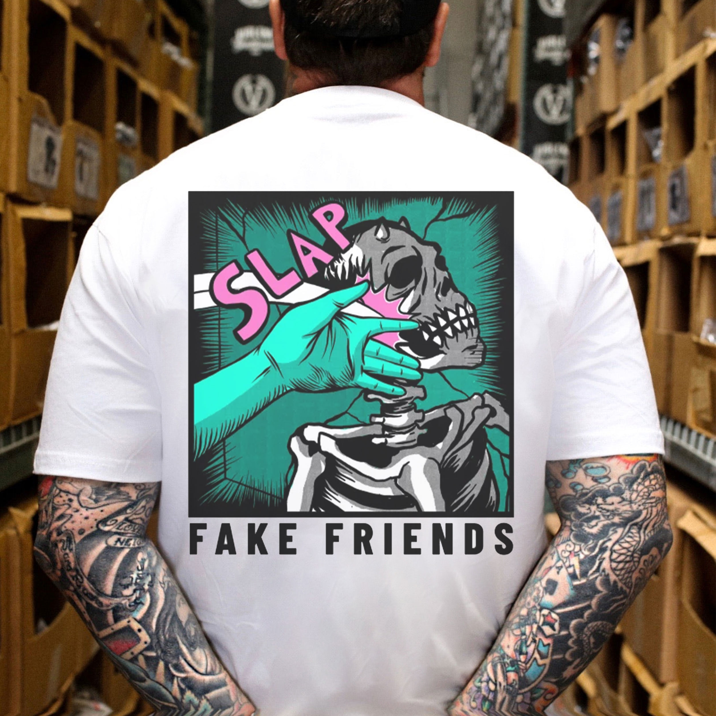 FAKE FRIENDS Slap the Skull with Hands White Print T-shirt