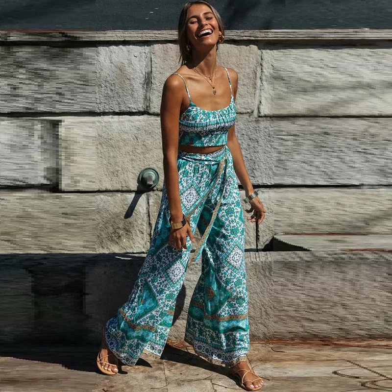 Green Floral Crop Top and Pants Matching Sets