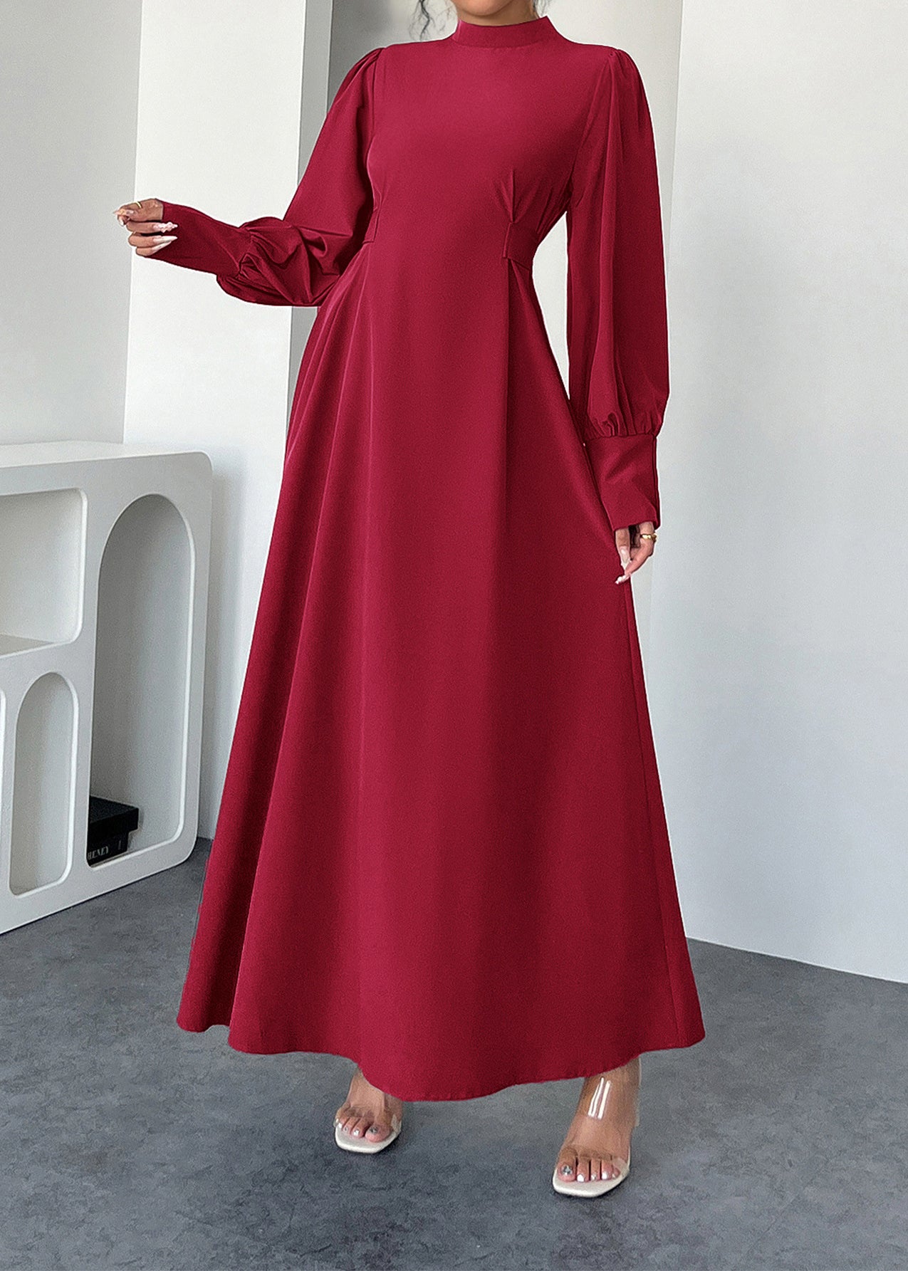 Elegant Red Hign Neck Cotton Maxi Dresses Lantern Sleeve