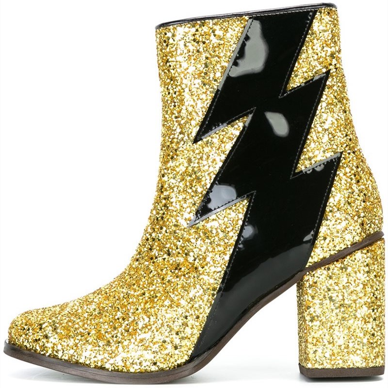 TAAFO Gold Glitter Boots Patent Leather Lightning Chunky Heel Ankle Boots