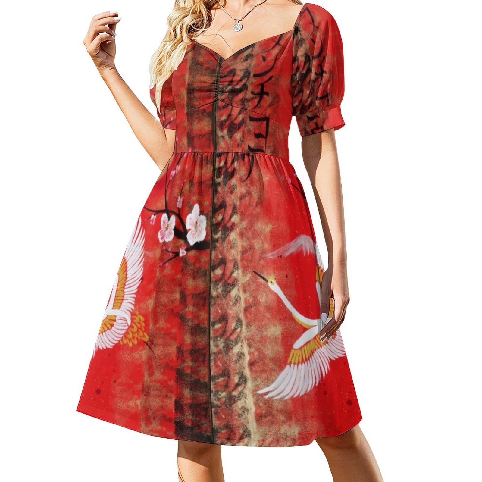 SFNEEWHO Japanese Crane Sun Japan Sakura Red Painting Dress Women Boho ...