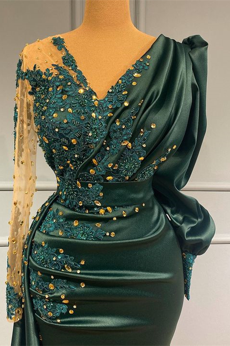 Dark Green V-Neck Long Sleeves Evening Dress Beadings Prom With Lace Appliques ED0046