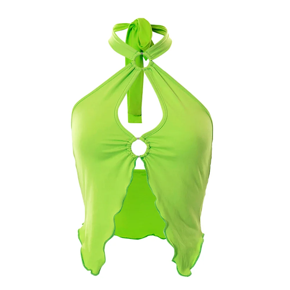 Brownm 90s Streetwear Sexy Backless Hollow Out Slit Green Tops Y2K ...