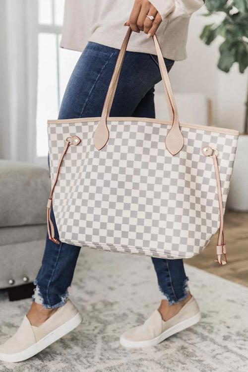Check Tote Handbag with Clutch Wallet