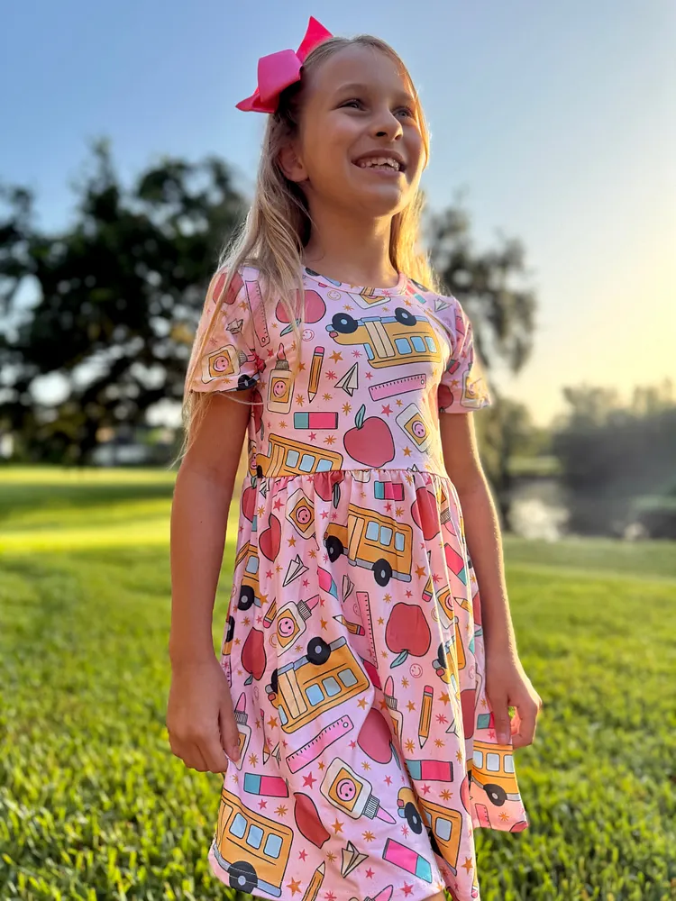 Girls pink School Bus Dress with Matching Bow