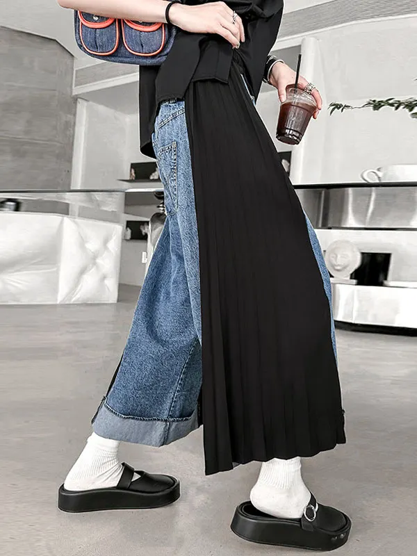 Stylish Contrast Color Pleated Split-Joint Wide Leg Jeans