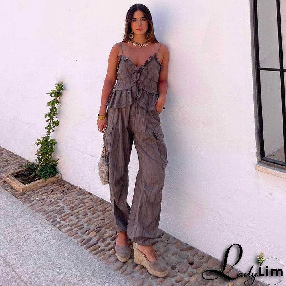 Lace Solid Color Sling Cami and Pants Set - Ladylim