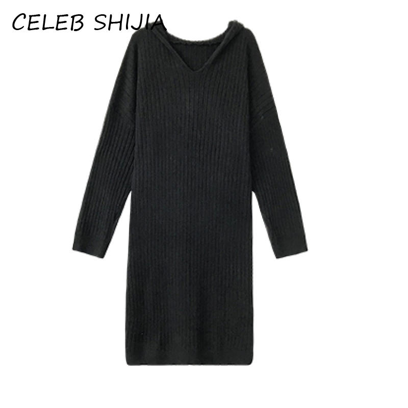 Woherb New Korean Knitted Dress Woman Hooded Full Sleeve Long Dress