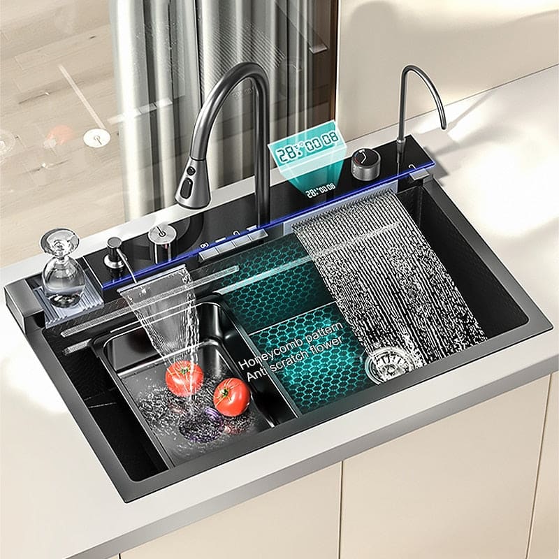 Waterfall Kitchen Sink 304 Stainless Steel Sink Digital Display Large ...