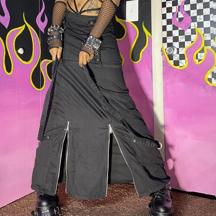Wongn Grunge Fairycore Cargo Skirts Women Goth Punk Bandage Long Skirt ...